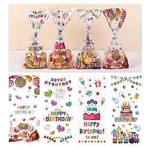 Totelux Happy Birthday Cellophane Gift Bags Clear Candy Bags Plastic Treat Goodies Bags with Ties for Cookies Gift Packaging Birthday Party Supplies 50PCS