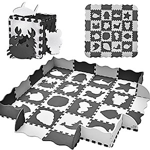 FUN LITTLE TOYS 36PCS Foam Play Mats for Baby, Soft Foldable Interlocking Foam Floor Tiles Puzzle Mat with Fence for Kids Toddlers Childrens Playpen Playroom Crawling 56 x 56 Grey