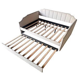 DNYN Upholstered Full Size Daybed with Trundle,Sofábed Design Bedframe w/Soft Fabric & Wood Slat Support,No Box Spring Needed & Easy Assemble,for Small Space,Bedroom,Guest Room, Beige