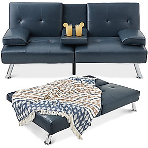 Best Choice Products Faux Leather Upholstered Modern Convertible Futon, Adjustable Folding Sofa Bed, Guest Bed w/Removable Armrests - Blue