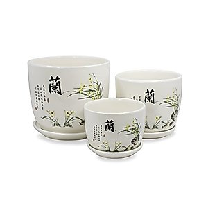 Dahlia Set of 3 Hand Painted Ceramic Planter/Plant Pot/Flower Pot w. Attached Saucer, Orchid