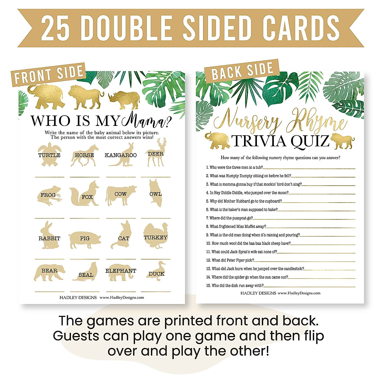 25 Safari Animal Matching, 25 Nursery Rhyme Game, 25 Word Scramble For Baby Shower, 25 True Or False Game, 25 Who Knows Mommy Best, 25 Baby Prediction And Advice Cards - 6 Double Sided Cards