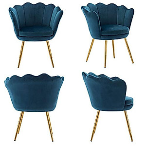 Wahson Velvet Upholstered Living Room Chair, Comfy Accent Seashell Chair Barrel Vanity Chair with Back & Gold Legs, Retro Leisure Accent Barrel Dining Chair, Fog Blue