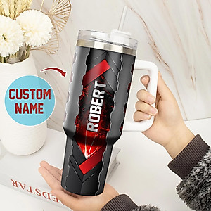 WAZONE Personalized Firefighter 40oz Tumbler with Handle Lid and Straw Custom Name Fireman Stainless Steel Insulated Cup Travel Mug Birthday Christmas Firefighters Fire Fighter Gift For Men Dad