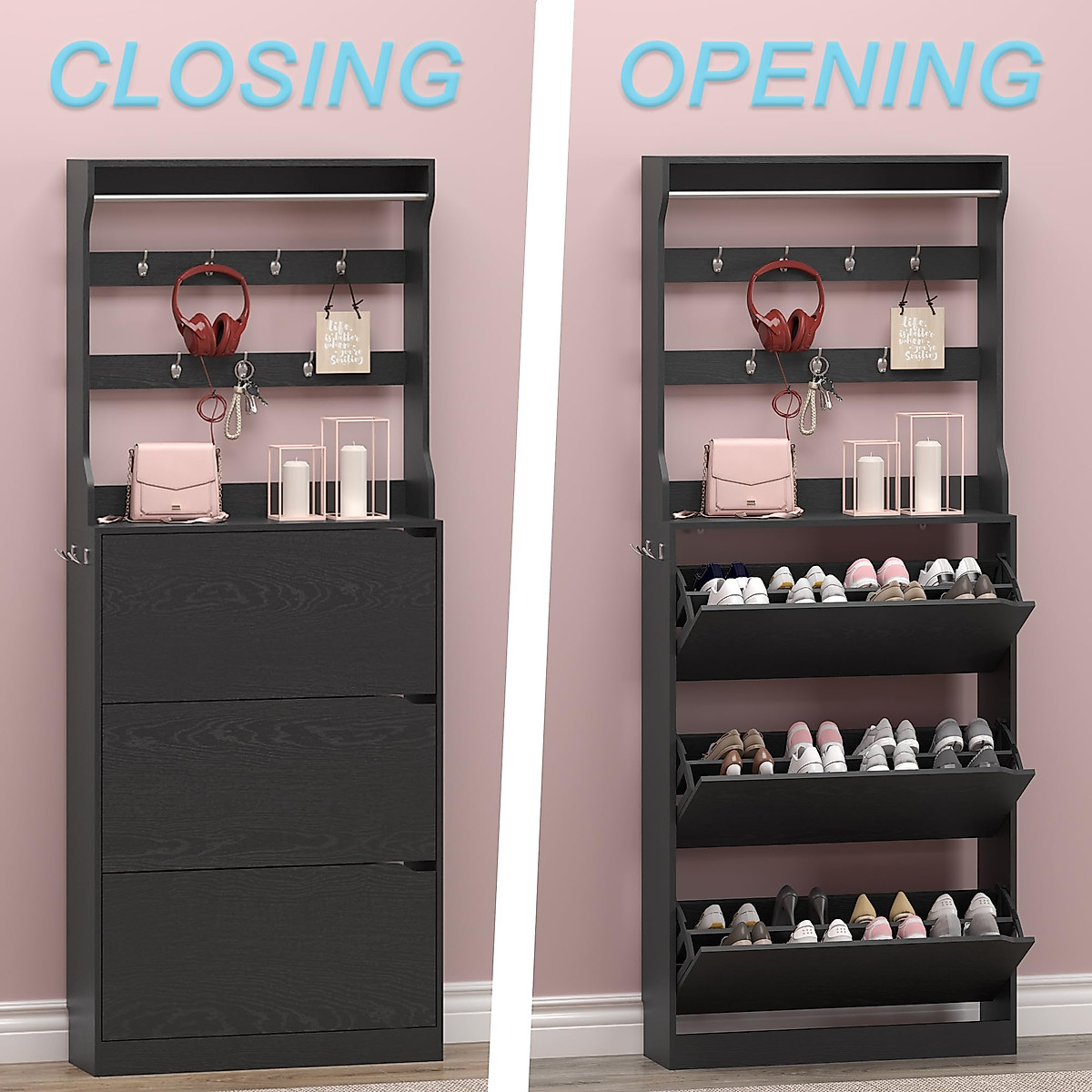 BORNOON Shoe Cabinet with 3 Flip Drawers & Coat Rack, Narrow Hidden Shoe Storage Cabinet, 2-in-1 Hall Tree Slim Freestanding Shoe Rack Organizer for Entryway, Hallway, and Living Room