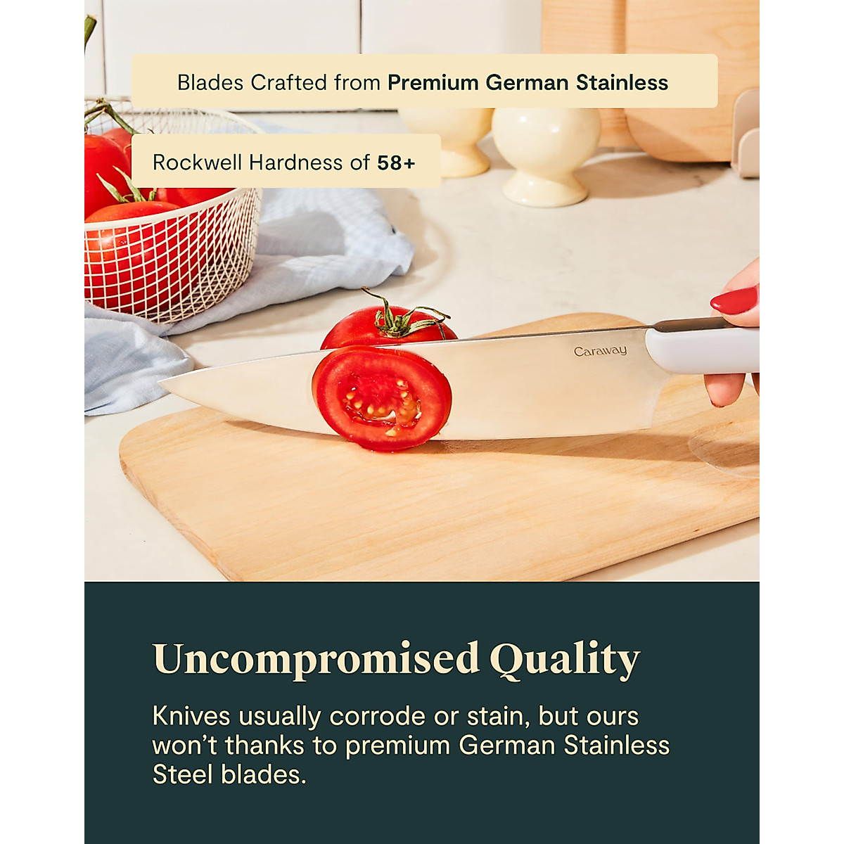 Caraway 14-Piece Kitchen Prep Set - Kitchen Knife Set & Wooden Utensil Set - Made With Premium German Steel Blades & FSC-Certified Birch Wood - Non-Toxic Materials - Includes Organizer - Cream