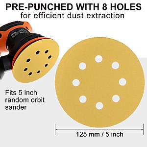 LotFancy 5in 8 Hole 120 Grit Sanding Discs, 100PCS Random Orbital Sander Pad Sandpaper, Hook and Loop Round Sand Paper