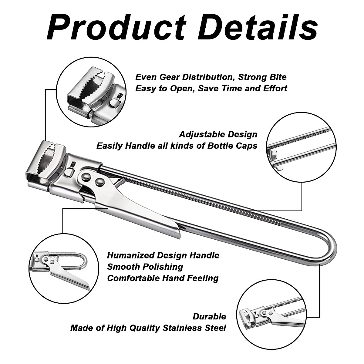 Adjustable Stainless Steel Can Opener, Master Opener Jar Opener, Water Bottle Opener, Lid off Jar Grip Opener, Cap Opener for Weak Hands Seniors (A)