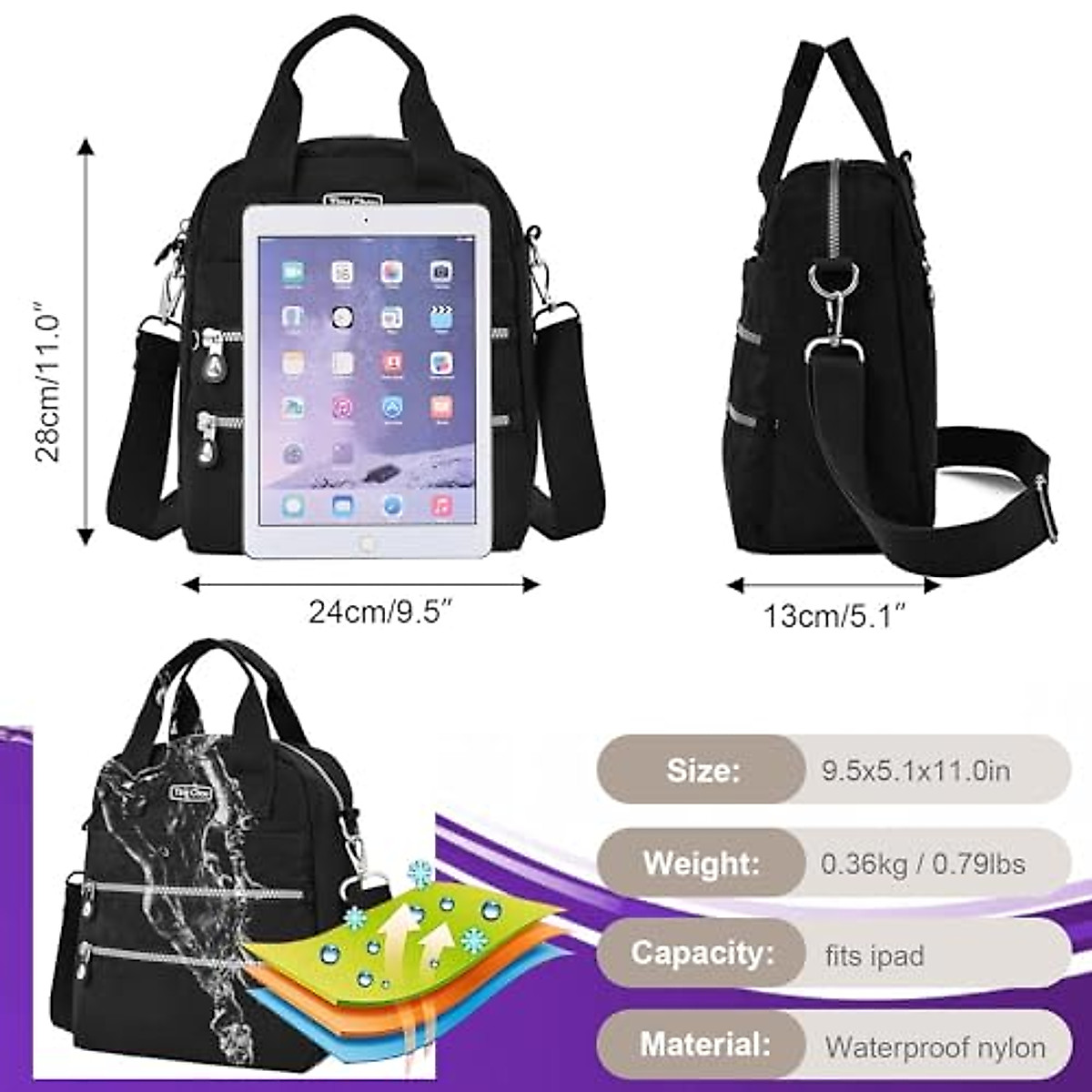 Tiny Chou Waterproof Nylon Crossbody Shoulder Bags, Fashion Travel Backpack Purse, Multi Pockets Hobo Bags with Adjustable Strap for Women, Lightweight Small Totes Handbags (Black)