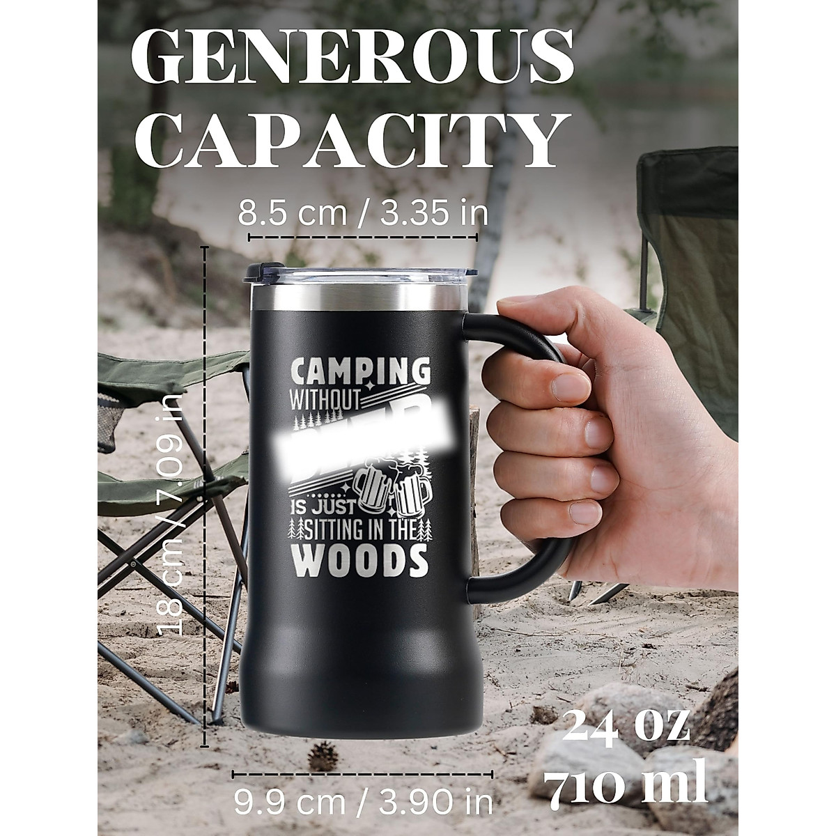 Onebttl Camping Gifts for Men, Camper, Camping Lovers - Camping Without Beer 24oz Stainless Steel Beer Mug Beer Stein Tumbler, 24oz Beer Mug with Lid