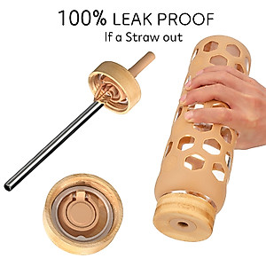 Tronco 32 OZ Glass Water Bottle with Straw and 2 Bamboo Lids-Screw Lid and Straw Lid, BPA Free Reusable Glass Tumbler with Fruit Infuser, Silicone Sleeve And Times to Drink, 100% Leak Proof