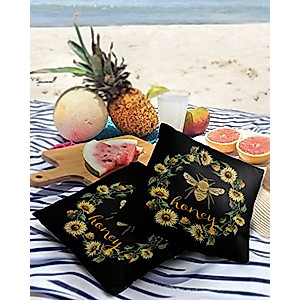 Vandarllin Outdoor Throw Pillows Covers 18X18 Set of 2 Waterproof Floral Sunflower Wreath Decorative Zippered Lumbar Cushion Covers for Patio Furniture, Bee Honey Black