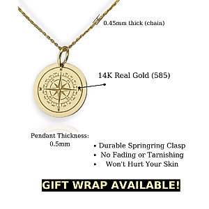 DANELIAN 14K Solid Gold Compass Pendant, North Star Compass Necklace (No Chain Included, 0.55 inches / 13.9mm)