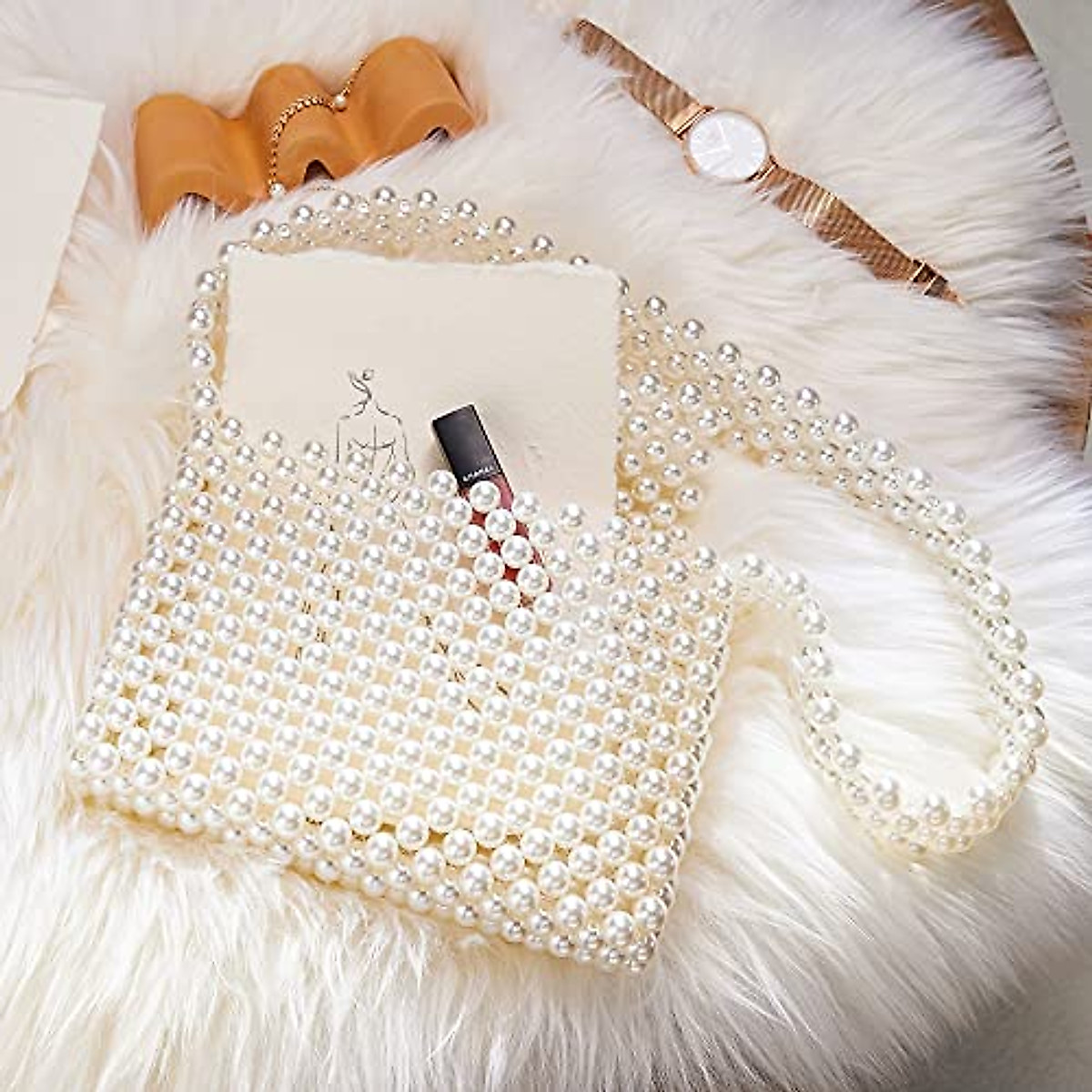 Grandxii Women Shoulder Bag Pearl Purse Tote bag Handmade Weave Beaded Bag Evening Party Bag