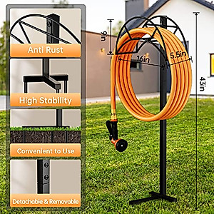 Hongmai Garden Hose Holder Freestanding, Heavy Duty Water Hose Hanger Hose Reel for Outdoor, Detachable Metal Hose Stand Hose Rack Hose Storage for Garden Lawn Yard (Black A)