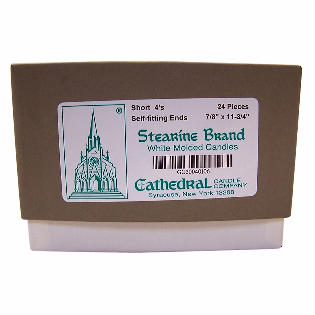 Cathedral Brand White Molded Stearine Candles Short 4's with Self-Fitting Ends, 7/8 Inch x 11 3/4 Inch, Box of 24