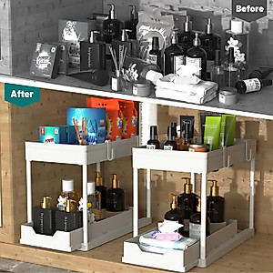 MEAFBIRD 2 Pack Under Sink Organizer, 2 Tier Bathroom Cabinet Organizer with Sliding Basket, Multi-Purpose Under Sink Organizers and Storage for Bathroom Kitchen