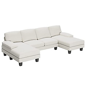 Flamaker Convertible Sectional Sofa Couch, Modern Fabric U-Shaped Living Room Furniture Set, 4-Seat Sectional Sleeper Sofa with Double Chaise & Memory Foam (White)