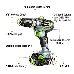 WORKPRO 20V Cordless Drill/Driver Kit, 3/8”, 18+2 Torque Setting, Variable Speed, 2.0 Ah Li-ion Battery and 1 Hour Fast Charger