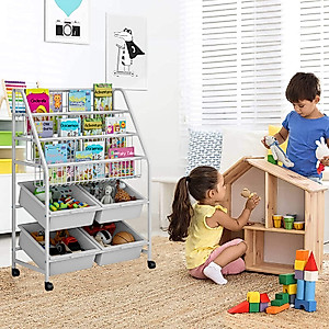LINZINAR Bookshelf Iron Toy Organizer 3 Tier Mobile Bookrack 4 Plastic Toy Storage Boxes with Wheels—White…