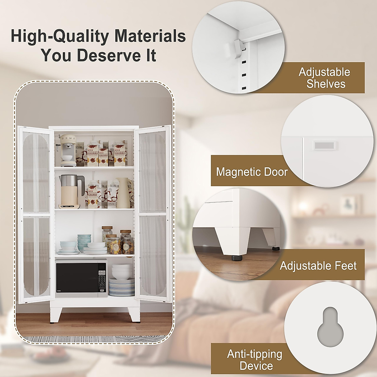 pozdeg Metal Storage Cabinet, Kitchen Pantry Cabinet with 2 Cross Door Panels and 3 Adjustable Shelves, Versatile Storage Pantry for Living Room Office Laundry Dining Room or Outdoor (White)