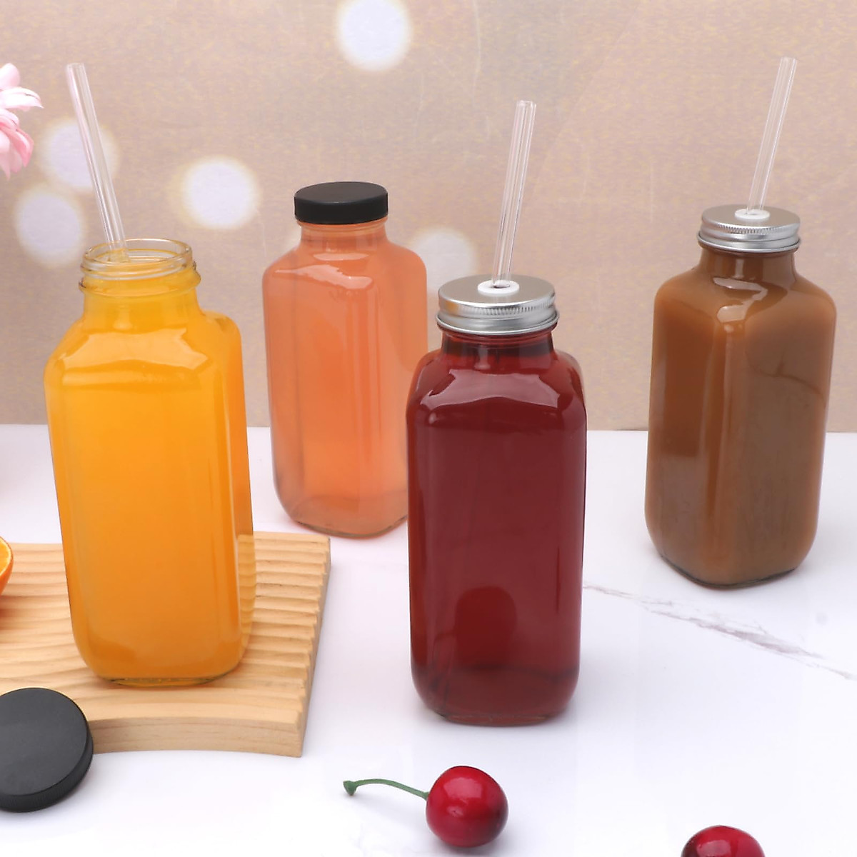 Encheng Glass Juice Bottles with Lids 16oz,Sqaure Juicing Bottles Reusable Glass Drinking Jars Set of 10,Empty 500ml Juice Containers Glass Bottles for Juice,Smoothies,Water,Kombucha