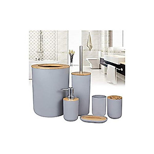 Laipi Bamboo Wooden Bathroom Accessories Set, 6 cs Gift Set Toilet Brush, Soap Dispenser, Waste Bin, Toothbrush Holder, Soap Dish Cup Set