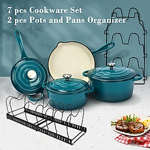 GRILL FORCE Enameled Cast Iron Cookware Set, 9-Piece Pots and Pans Set Non Stick, Pots and Pans Rack Organizer, 10.25” Skillet, 2QT Saucepan, 2.25QT/4.75QT Dutch Oven, Compatible with All Stovetops