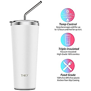 THILY Vacuum Insulated Tumbler Stainless Steel 26 oz Coffee Cup with 2 Lids and Straws, Powder Coated Travel Mug, Keeps Ice Drinks Cold, White
