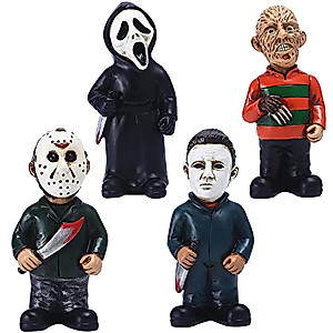 Horror Movie Garden Gnomes Decoration Outdoor Statue Nightmare Jason Michael Myers Figurines Lawn Halloween Decor (4PCS)