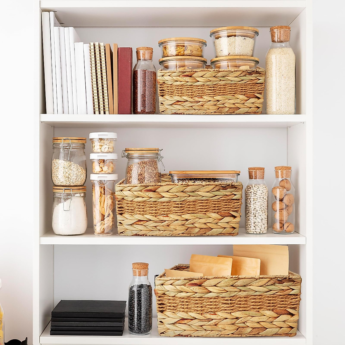 QLoztyse Wicker Baskets for Storage - Water Hyacinth Storage Baskets for Organizing with Built-In Handles and Lids Shelves Handwoven Pantry Basket Rectangular Basket for Shelf Storage - 3 Pack