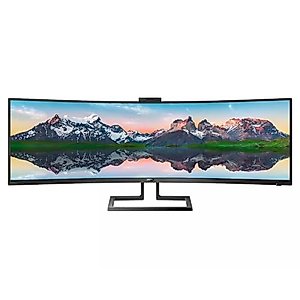 PHILIPS Brilliance 499P9H 49" SuperWide Curved Monitor, Dual QHD 5120x1440 32:9, USB-C Docking, KVM Switch, HDMI/DisplayPort, Windows Hello Pop-Up Webcam, SmartErgoBase, LightSensor