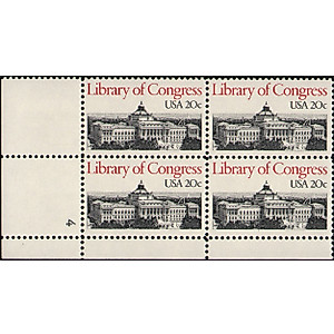 LIBRARY OF CONGRESS ~ THOMAS JEFFERSON BUILDING #2004 Plate Block of 4 x 20¢ US Postage Stamps