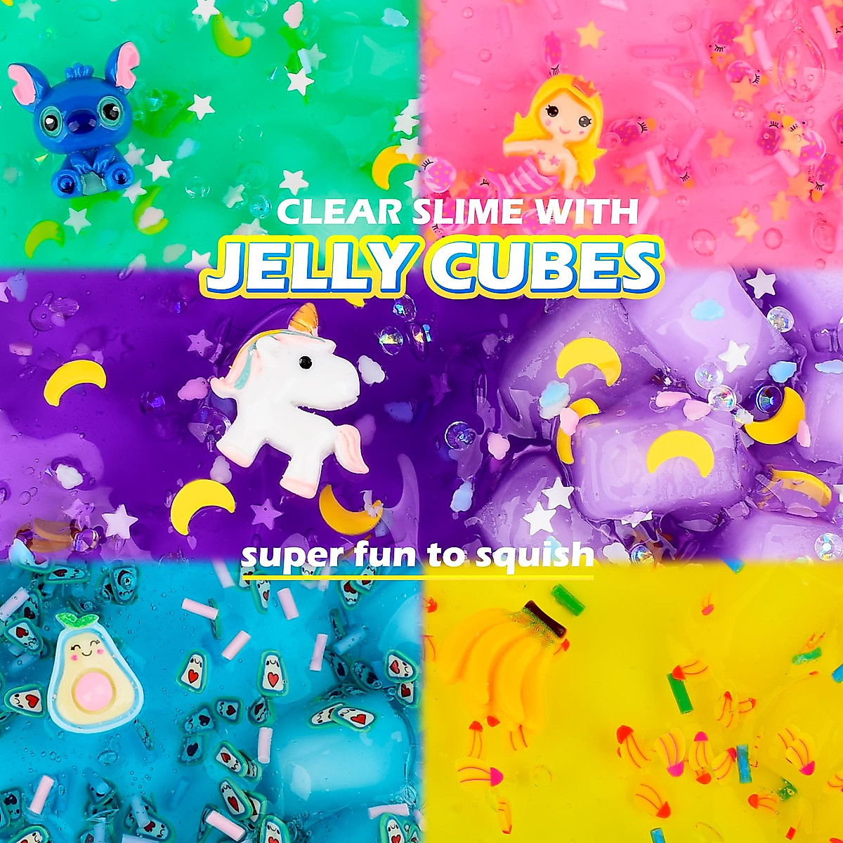 5 Pack Crystal Clear Slime Kit with Jelly Cubes Charms Add Ins for Girls Boys 10-12, Stars Moons Avocado Banana Pink Blue Crunchy Water Slime Set, Soft Sludge for Kids Birthday, Slime Party Favors