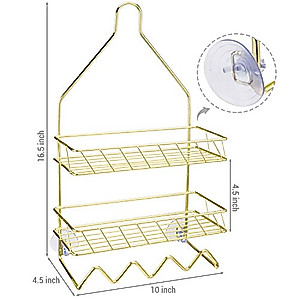 MyGift Brass Plated Metal Shower Caddy Over Shower Head Hanging Bathroom Organizer Rack with Suction Cup