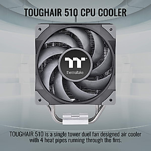 Thermaltake TOUGHAIR 510 180W TDP CPU Cooler, Intel/AMD Universal Socket (LGA 1700/1200), Dual 120mm 2000RPM High Static Pressure PWM Fan with High Performance Copper Heat Pipes CL-P075-AL12BL-A