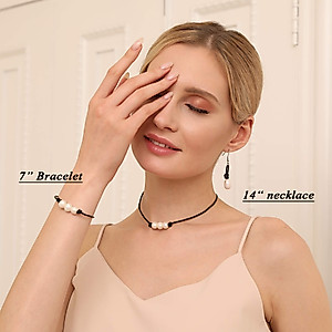 Women White 3 Cultured Freshwater Pearls Choker Necklace on Genuine Leather Cord Knotted Jewelry-Black 14"