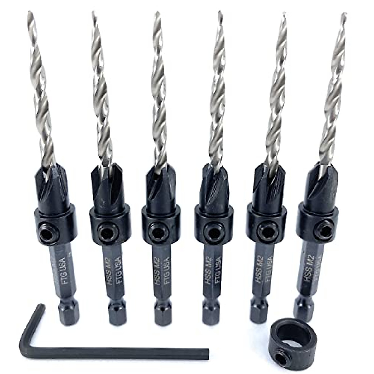 FTG USA Countersink Drill Bit Set 6 Pc #6 (9/64"), 6 Pc #8 (11/64") Wood Countersink Drill Bit Pro Pack Countersink Set, Tapered Countersink Bit, 2 Stop Collar, 2 Hex Wrench