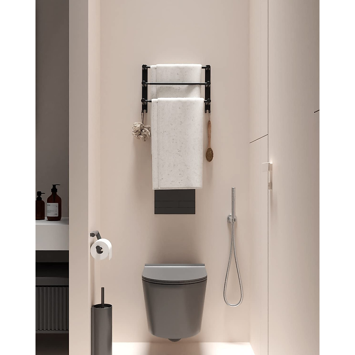 3-Tier Adjustable Ladder Bath Towel Bar 16 to 27.6 Inch,ZUEXT Oil Rubbed Black Stainless Steel Towel Holder, Wall Mounted Stair Towel Rod for Bathroom Kitchen,Strechable Towel Rail Racks w/Hooks