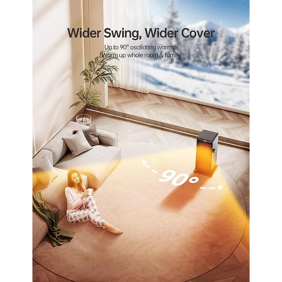 Space Heater, SANVINDER 1500W Portable Electric Heater for Bedroom, ECO Thermostat 90° Oscillating, 24 hours timer, Fast Heating, with Remote, Overheat Protection, LED Display for Office