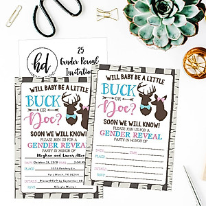 Hadley Designs 25 Buck or Doe Deer Gender Reveal Baby Shower Party Invitation Cards Pink Blue He She Personalized for Unisex Invite Guess If It's a Boy or Girl Fill In The Blank Printable Invite Pack