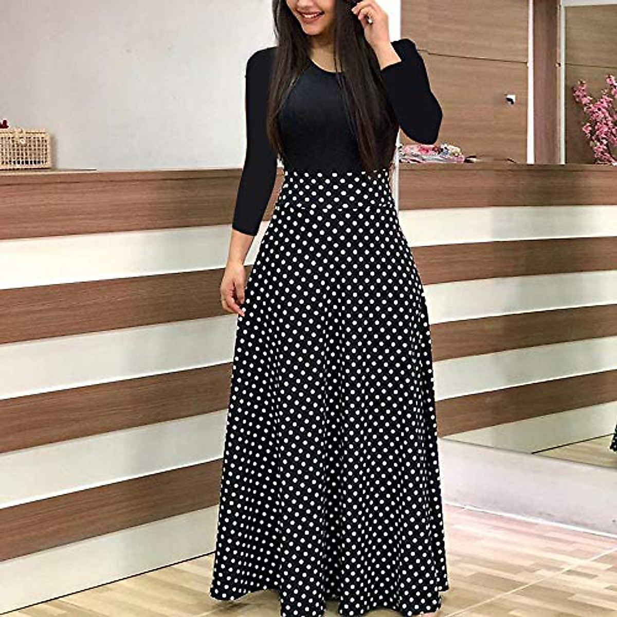 Kanhan Fashion Women Long Sleeve Floral Boho Print Slim Long Maxi Dress High Waist Casual Dress (S, Black)