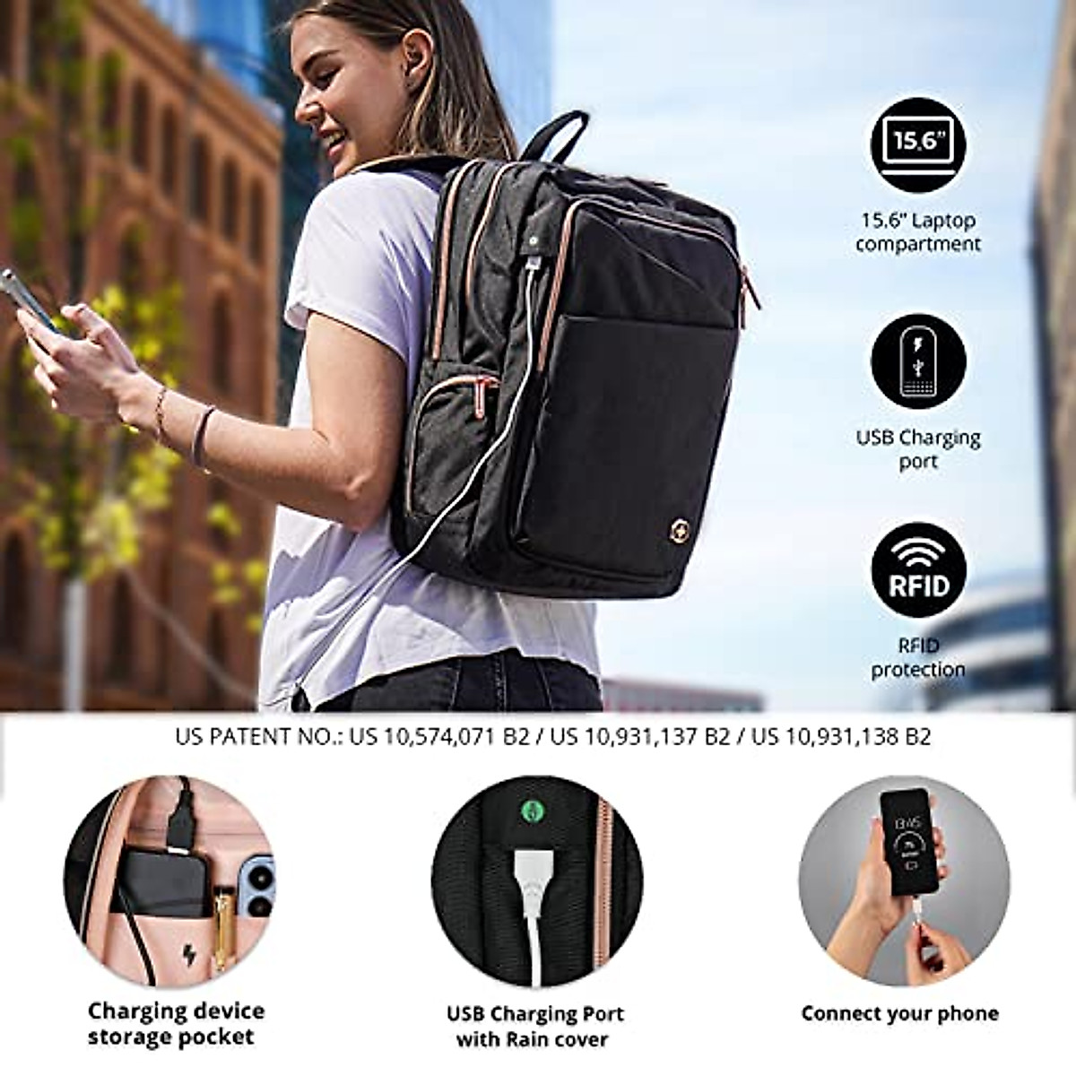 Swissdigital Design Katy Rose Backpack For Women Black with Rose Gold-Tone Zippers College Travel Laptop Backpack With Apple Find My network
