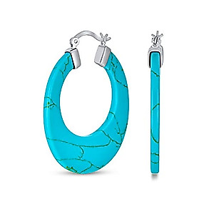 Wide Flat Blue Turquoise Gemstone Large Oval Hoop Earrings For Women Teen .925 Sterling Silver More Colors 1.5 Inch Diameter