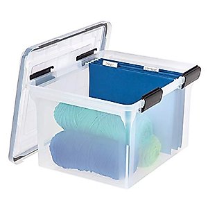 IRIS USA 32 Quart WEATHERPRO Letter Size Portable File Box, Plastic Storage Container with Durable Lid and Seal and Secure Latching Buckles, Weathertight, Clear with Black Buckles, 4 Pack