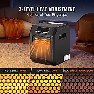 VEVOR Infrared Heater, 1500W Remote Control Electric Space Heater, LED Patio Heater w/ 3 Speeds & Timer & Overheat/Tip-Over Protection & Child Lock, for Bedroom,Living Room,Nursery,Studio,ABS