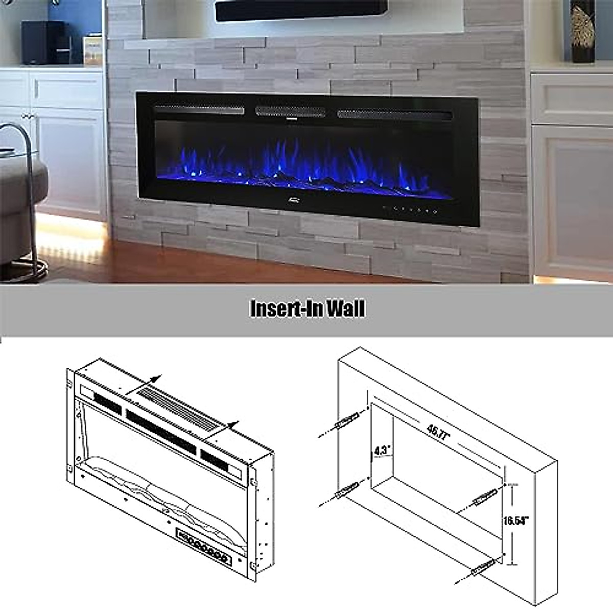 Clihome 50in Electric Fireplace Fire Places Electric Fireplace Inserts Electric Fireplace Heater Fireplace Decor Fireplace Heater with Timer, Remote Control, Adjustable Flame Color 750/1500W