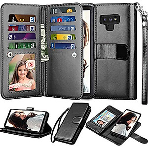 NJJEX for Galaxy Note 9 Wallet Case, for Note 9 Case, Luxury PU Leather [9 Card Slots] ID Credit Folio Flip Cover [Detachable][Kickstand] Magnetic Phone Case & Wrist Strap for Samsung Note 9 [Black]