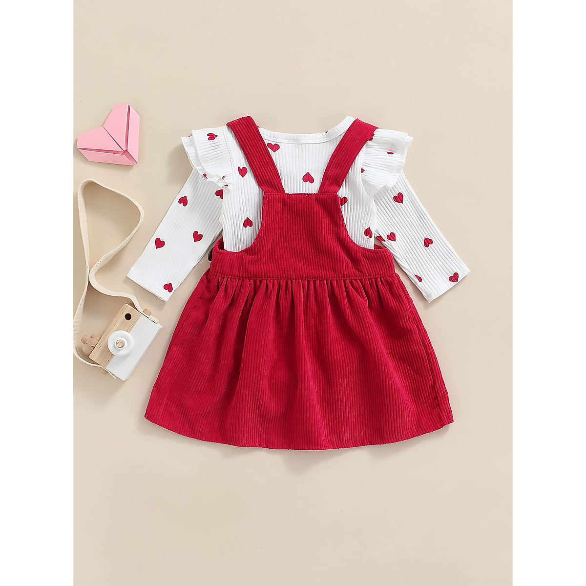 0-18M Infant Baby Girls Outfits Long Sleeve Ruffle Knit Heart Print Romper+ Suspender Skirt Overall Dress Set (Red, 3-6 Months)