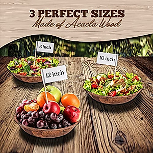 Wooden Salad Bowl, Set 6 Pieces 8, 10 and 12 Inch Wooden Bowls 2 of Each Size Decorative Bowl, Fruit Bowl for Kitchen Counter, Candy Bowl, Salad Bowls, Mixing Serving Bowls, Wooden Bowls for Decor